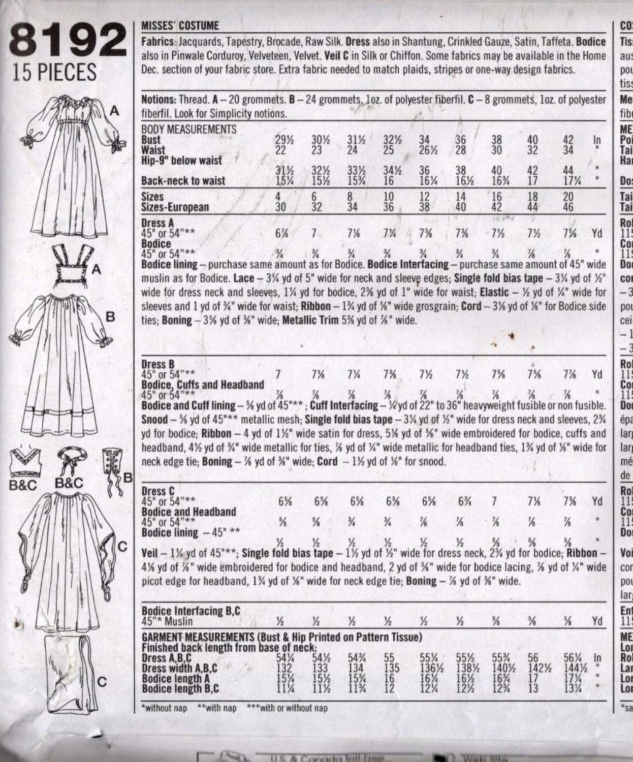 Misses Adult Costume Sewing Pattern Simplicity 8192 Sizes 10 12 14 Uncut