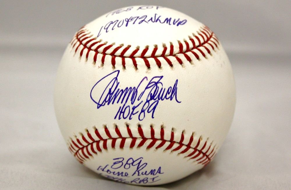 Johnny Bench Stat Autographed Rawlings OML Baseball- JSA Authenticated