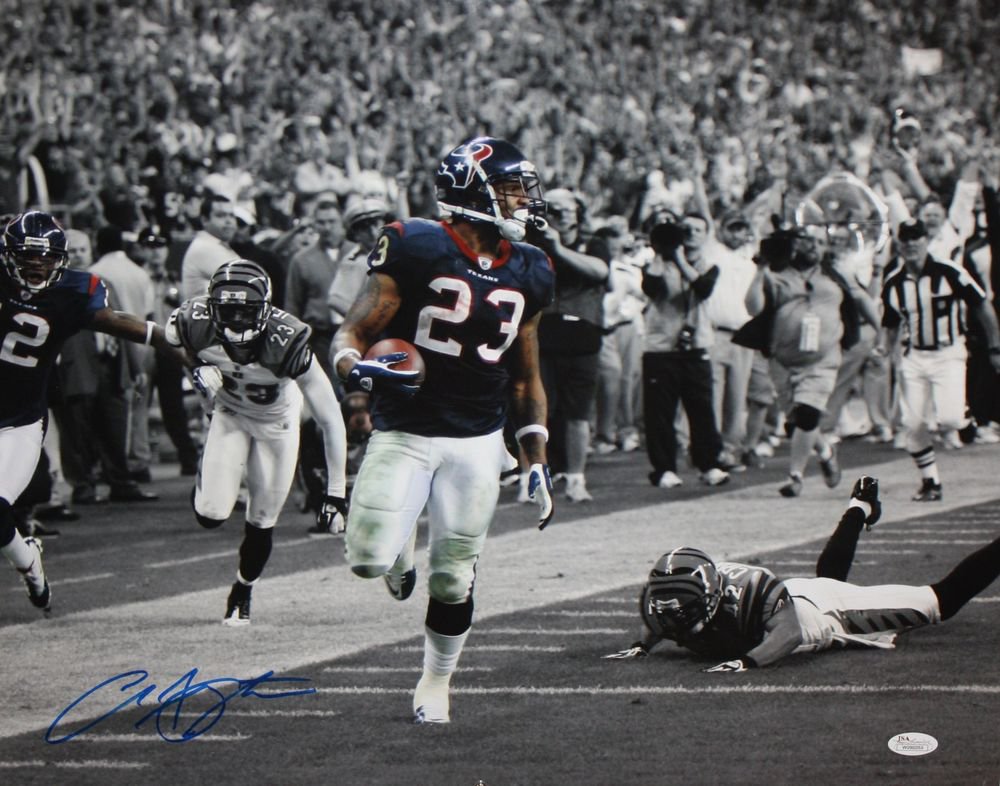 Arian Foster Autographed 16x20 B/W Color Running *Blue Photo- JSA ...