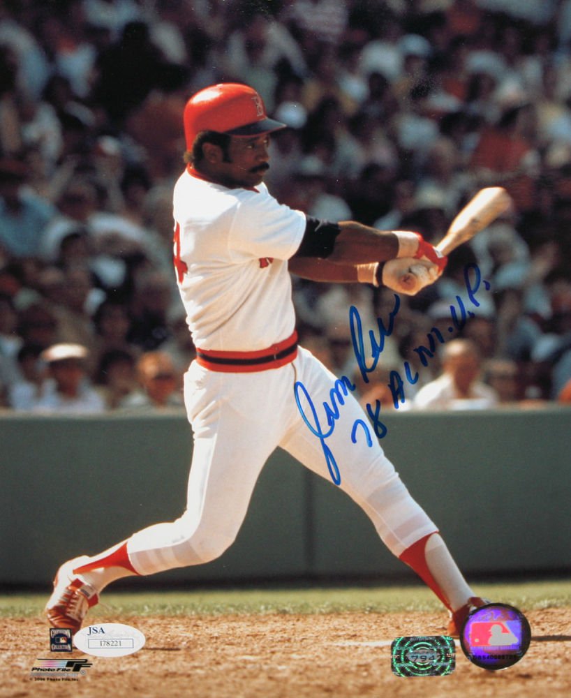 Jim Rice Autographed 8x10 Swinging In Red Helmet Photo- JSA Authenticated