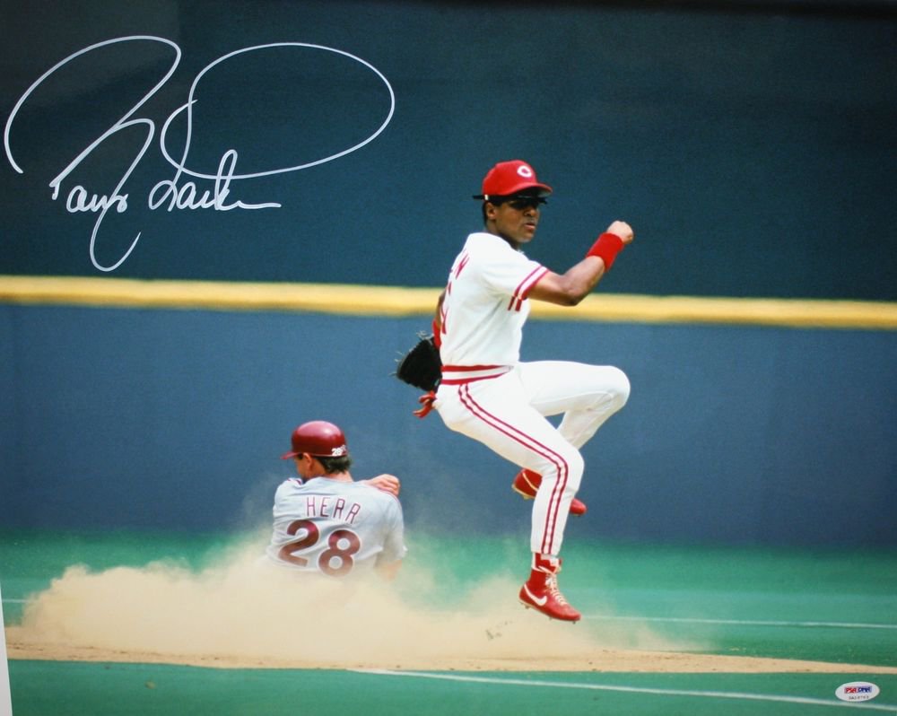 Barry Larkin Autographed 16x20 Cincinnati Reds In Air Photo- PSA/DNA Auth