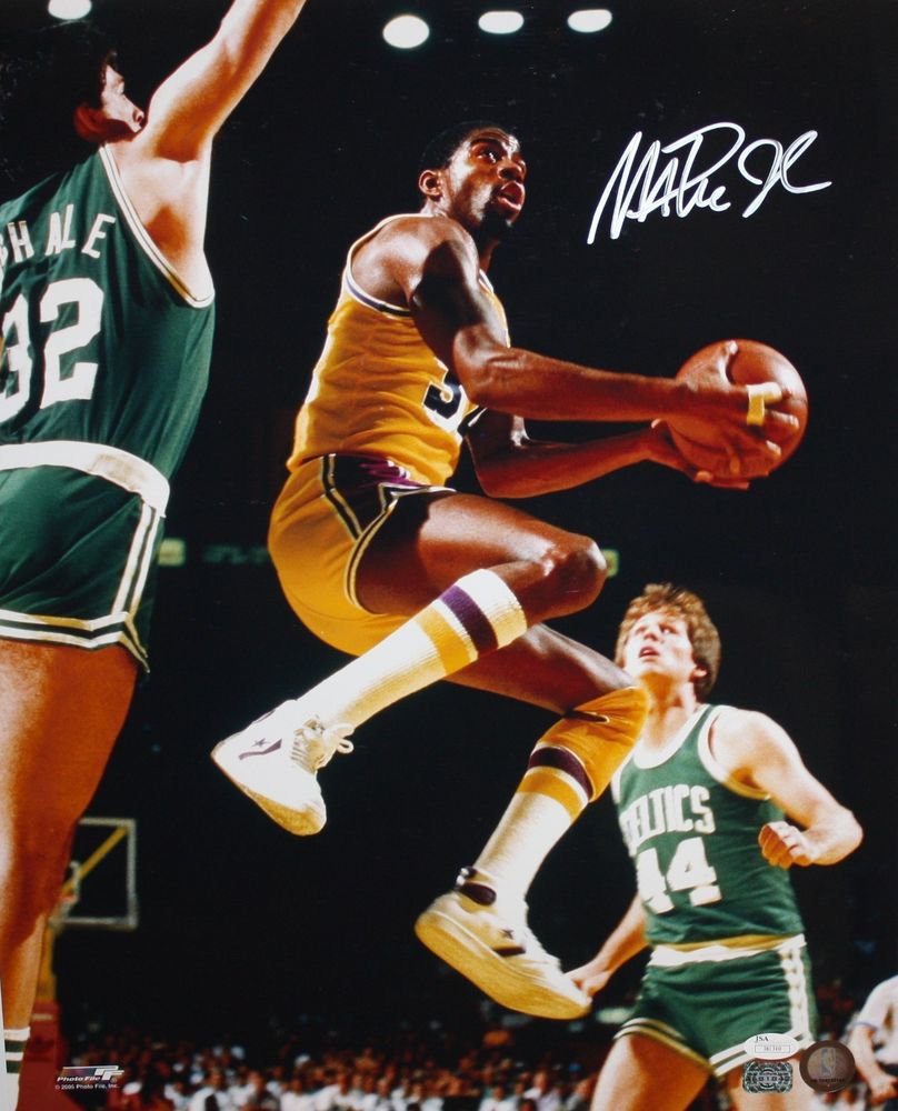 Magic Johnson Autographed 16x20 In Air Against Celtics Photo- JSA ...