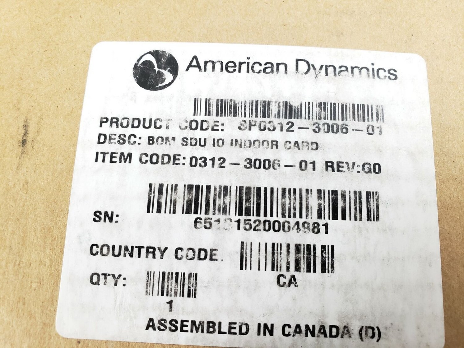 American Dynamics SP0312-3006-01 Bom Sdu IO Indoor Card