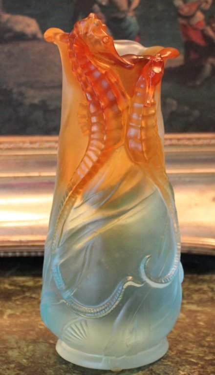 Lalique Style Seahorse Marine Life Crystal Vase