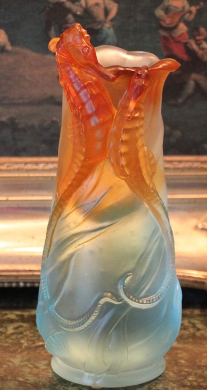 Lalique Style Seahorse Marine Life Crystal Vase