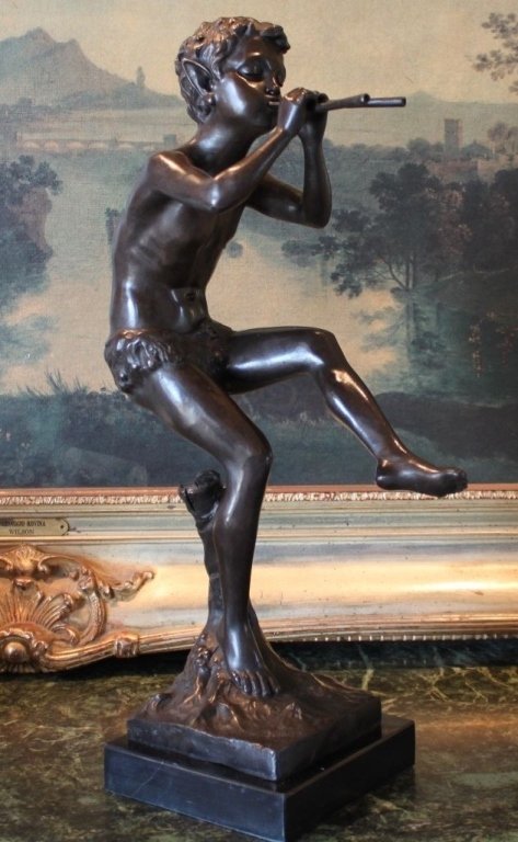 Mythological Faun Flute Playing Bronze Sculpture