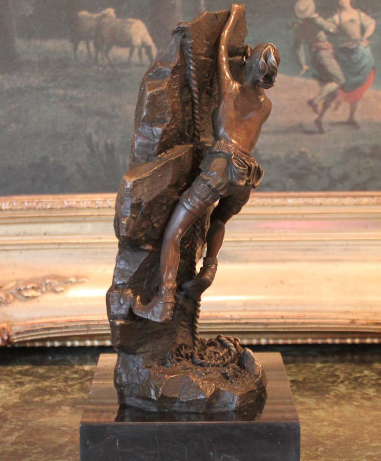 Unique Rock Climber Across Rock Formation Bronze Sculpture