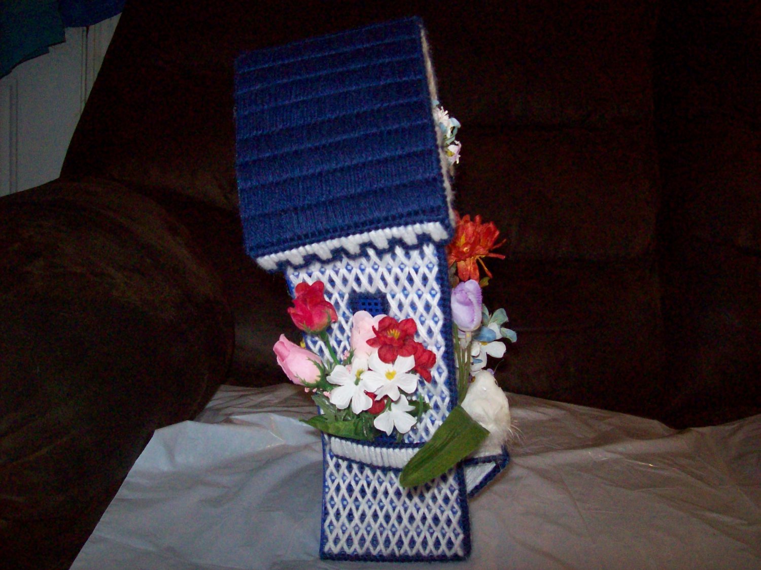 Handmade Dark Blue Birdhouse Tissue Box Cover