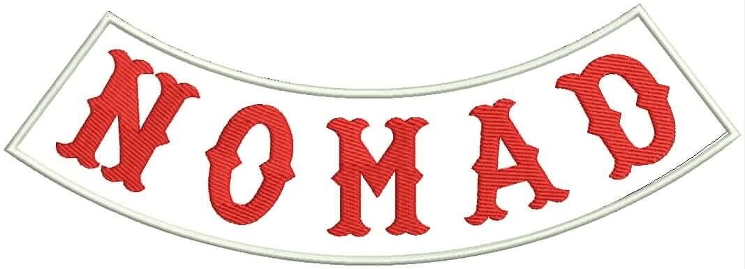 NOMAD White Red Iron on Bottom Rocker Patch for Biker Vest Jacket