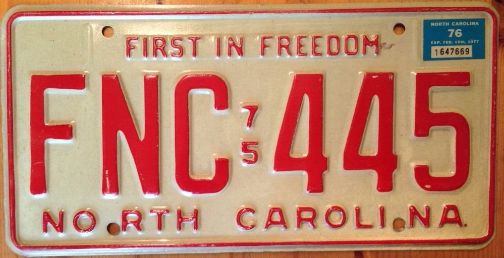 1977 NORTH CAROLINA Natural sticker license plate NC #FNC 445