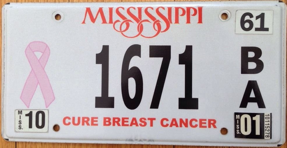 Mississippi Cure Breast Cancer license plate Komen Survivor Pink ...