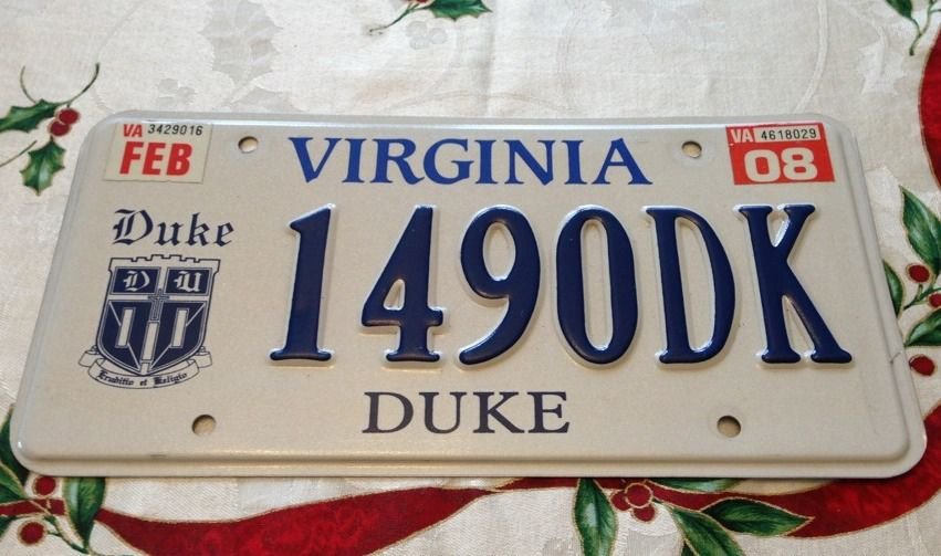 Virginia Duke University license plate NC NCAA Basketball Blue Devils ...