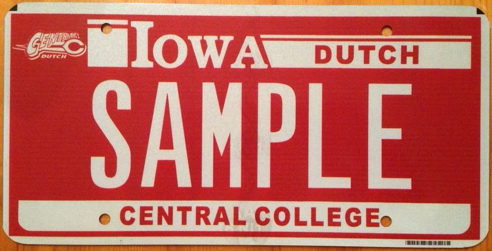 Iowa Central College Dutch license plate Sample University Pella NCAA