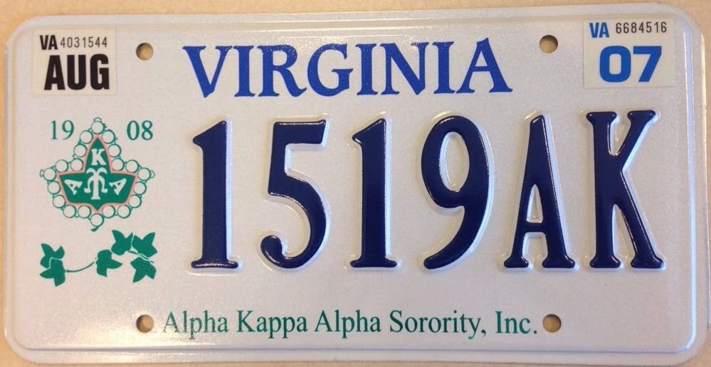 Virginia Alpha Kappa Alpha Sorority University license Plate Greek ...