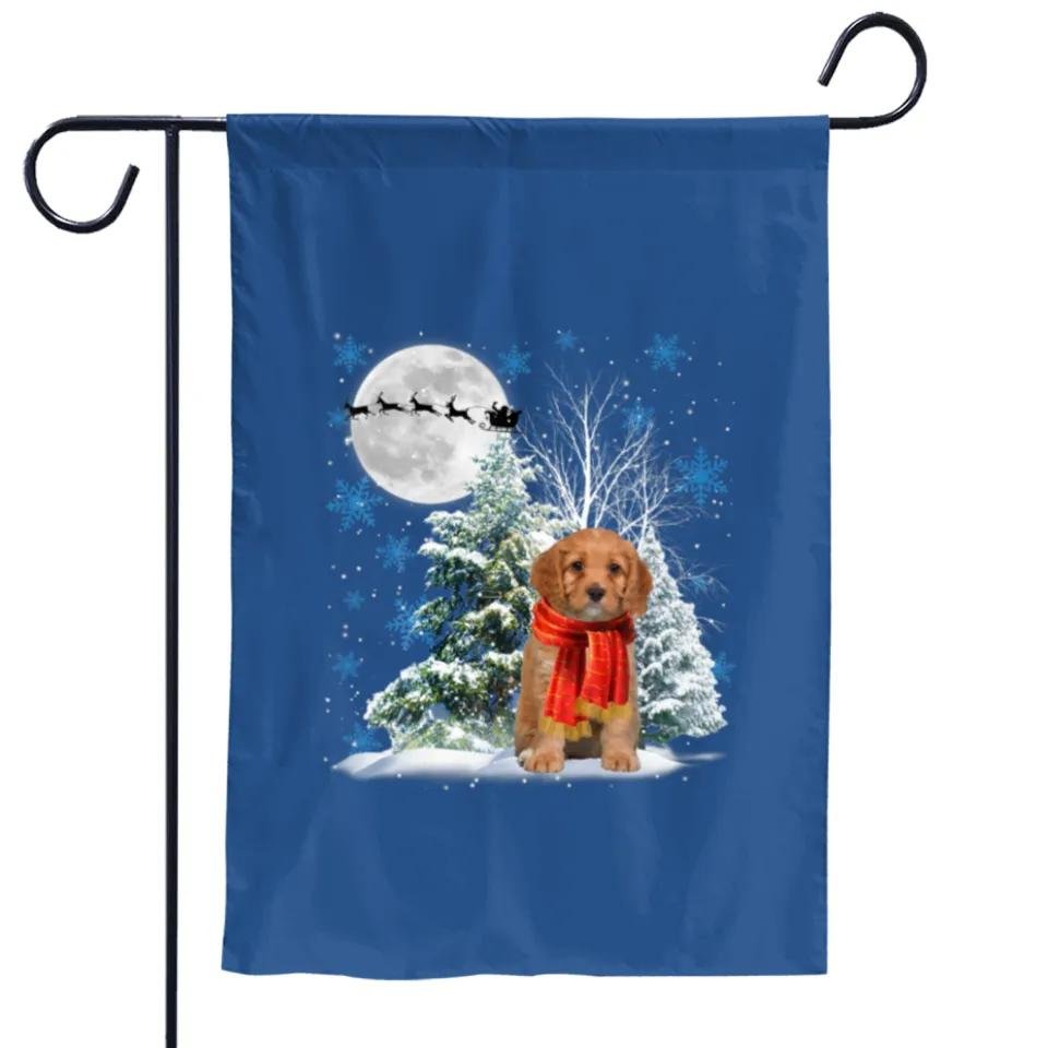 Cavapoo Under Moonlight Snow Christmas Pajama Garden Flags