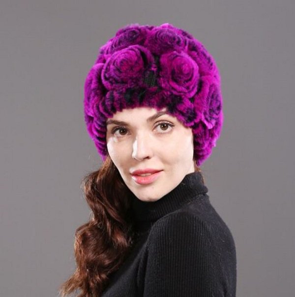 Rsslyn Purple Winter Hats Purple Magenta Color Rose Pattern 100% ...