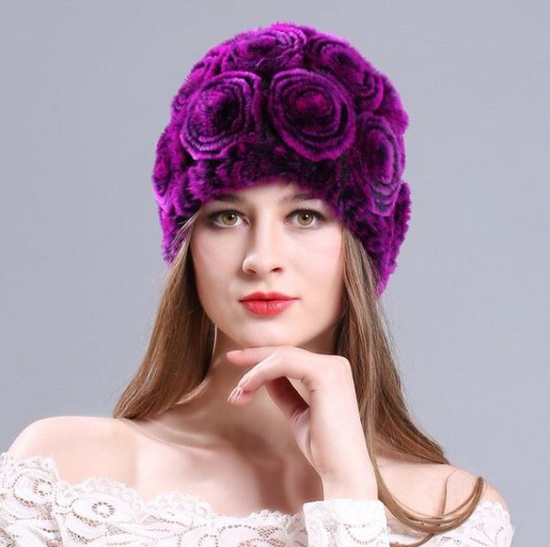Rsslyn Purple Winter Hats Purple Magenta Color Rose Pattern 100% ...