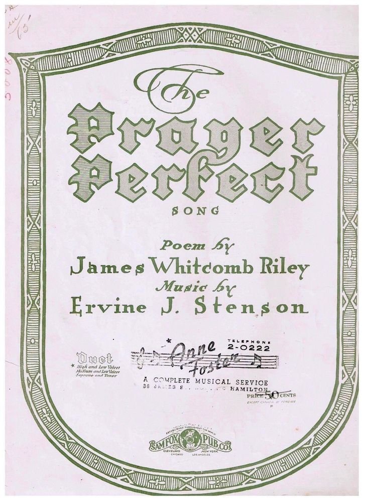 The Prayer Perfect Sheet Music James Whitcomb Riley Ervine Stenson