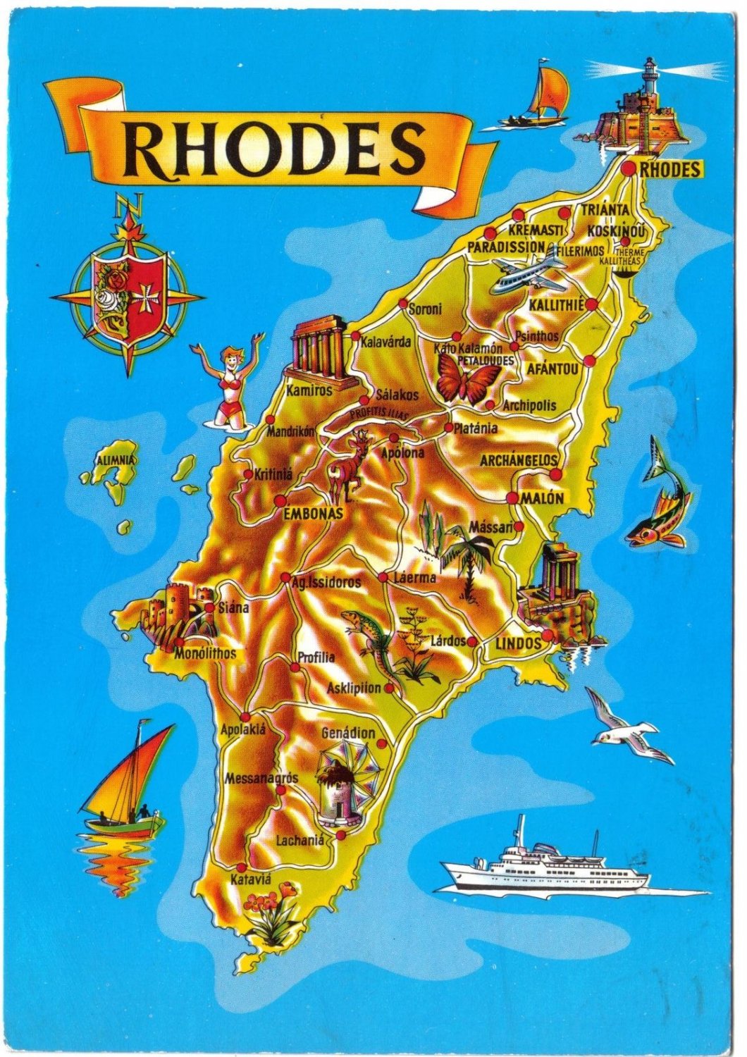 Greece Postcard Rhodes Pictoral Map