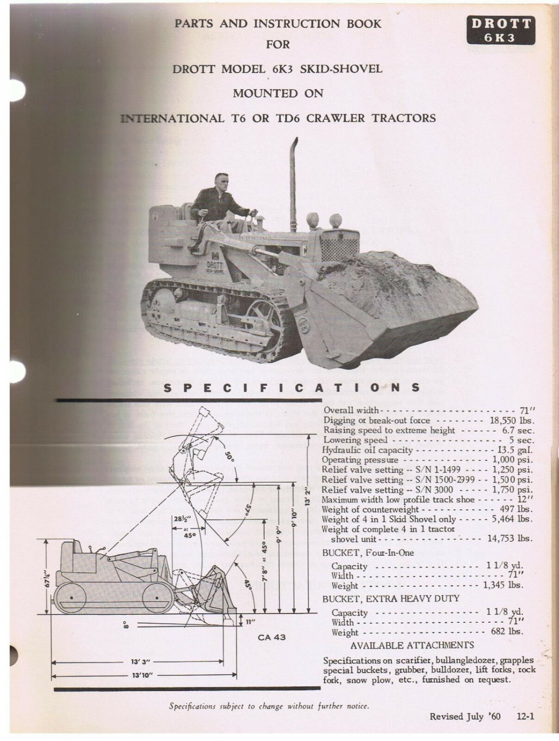 Drott 6K3 4 in 1 Skid Shovel Parts & Instruction Manual T6 TD6 Crawler ...