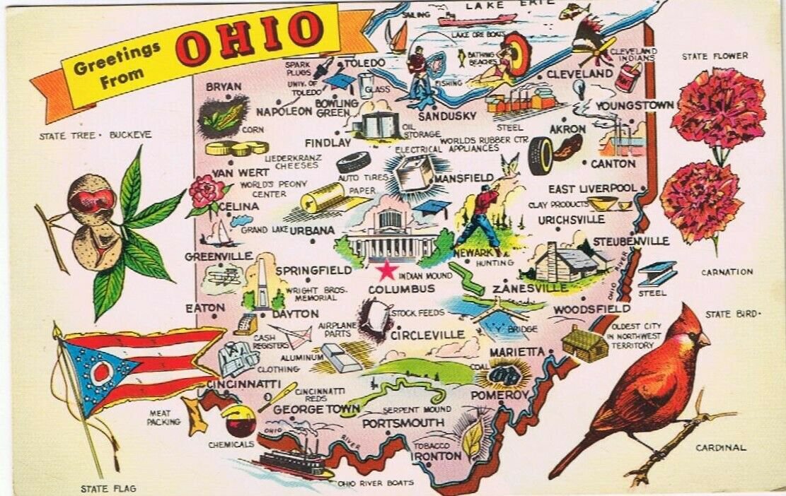 Postcard Ohio Pictoral Map Nickname Buckeye State