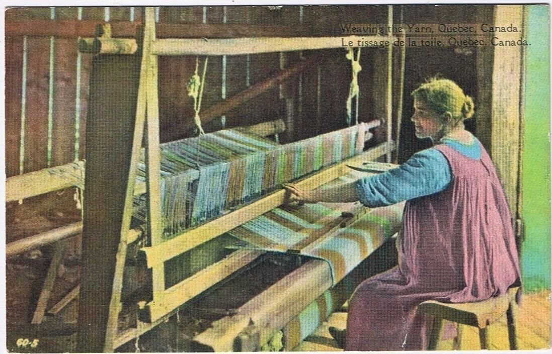 Postcard Woman Weaving Yarn Wool Loom Quebec Canada