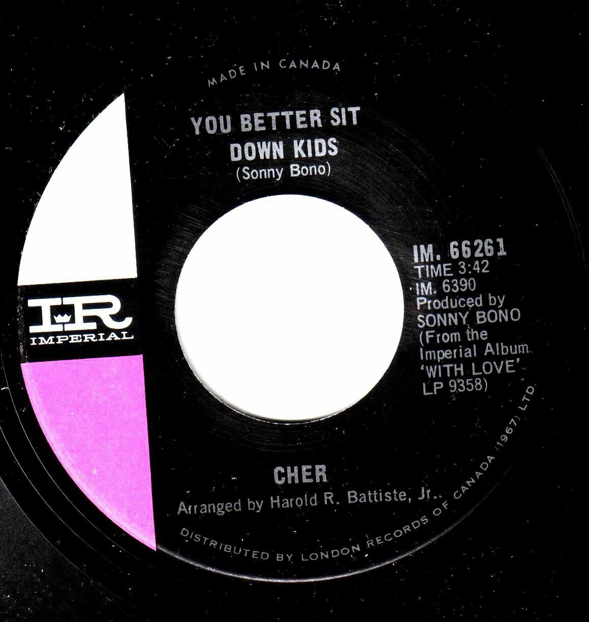 Cher You Better Sit Down Kids 45 Elusive Butterfly Canadian Pressing