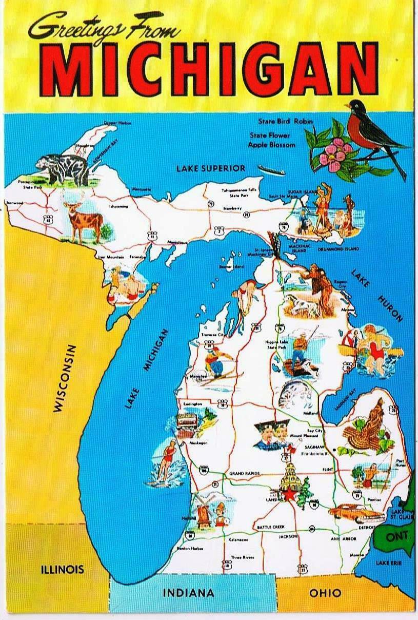 Michigan Postcard Pictoral State Map