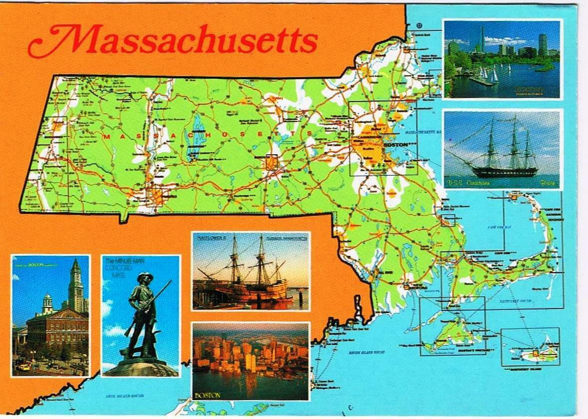 Massachusetts Postcard Pictoral State Map & Multi View