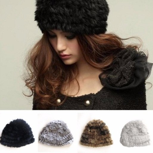 Ladies Fluffy Russian Cossack Hats Rabbit Fur Knitted Ski Cap
