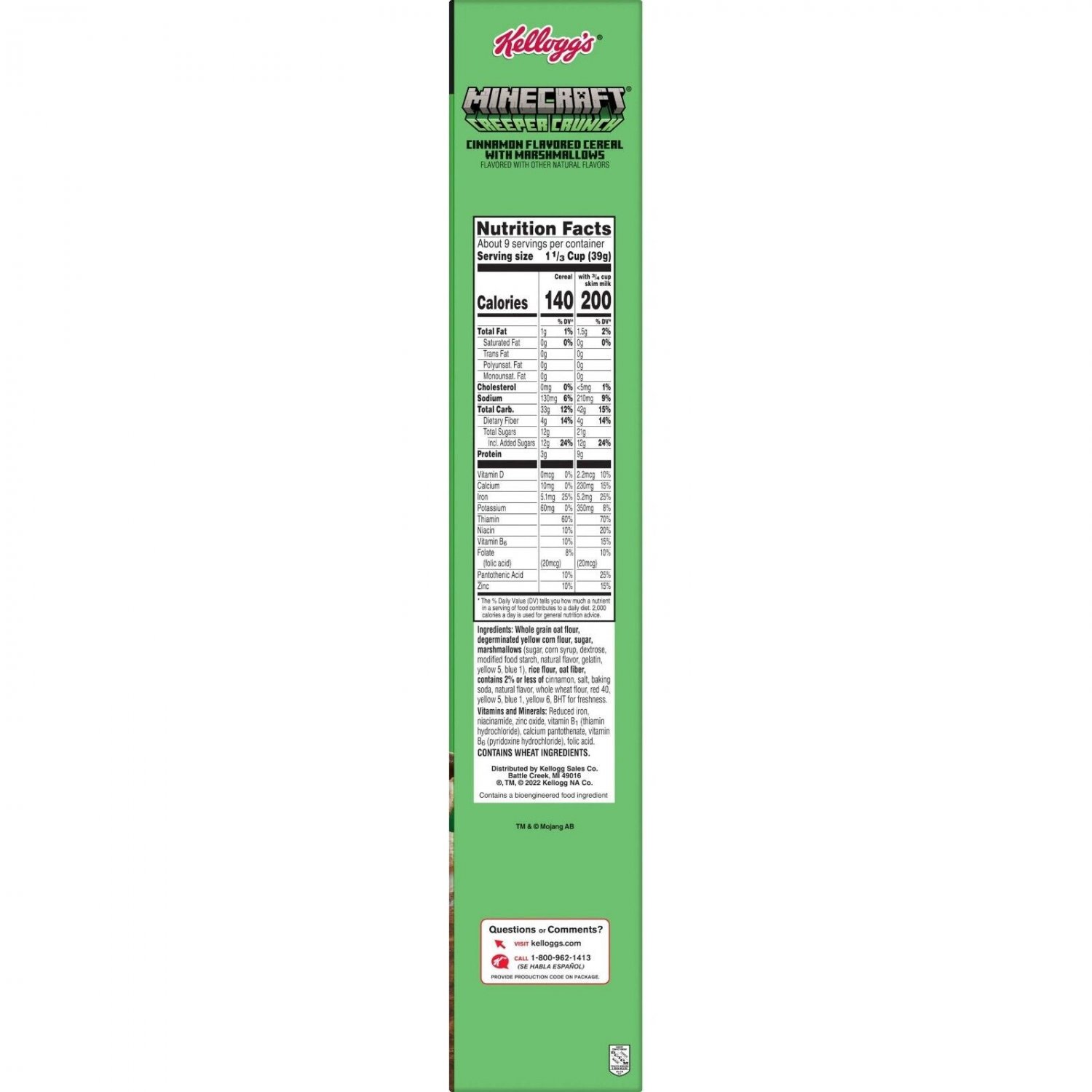 **Kellogg's MINECRAFT Creeper Cereal Cinnamon Marshmallows 8oz BSB DATE ...