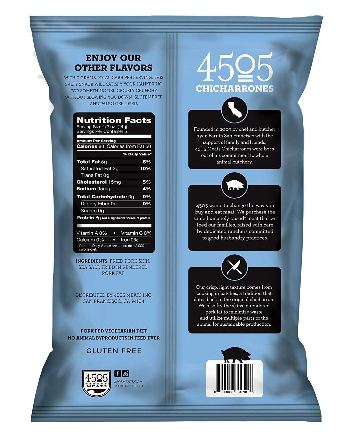 4505 Meats, Chicharrones Fried Pork Rinds, Sea Salt, 2.5 Ounce