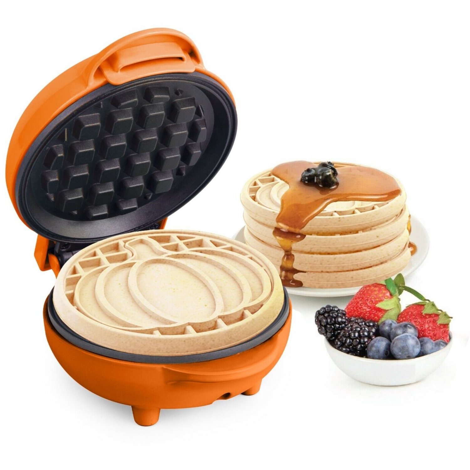 Nostalgia My Mini Personal Electric PUMPKIN WAFFLE Maker Orange 6.75 x ...