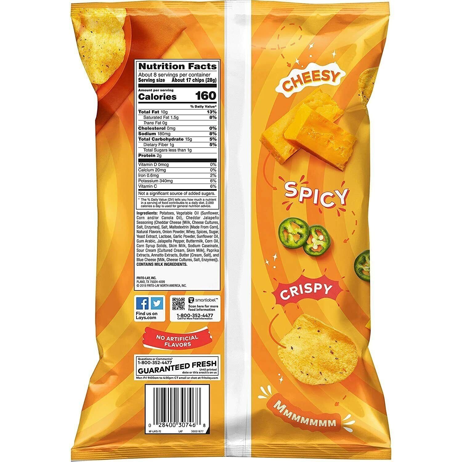 Lay's Potato Chips, Cheddar Jalapeno, 7.75oz Bag (Pack of 2)