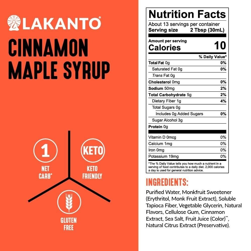 Lakanto MAPLE CINNAMON Sugar-Free Syrup Monk Fruit Sweetened 13 Oz. JUL ...