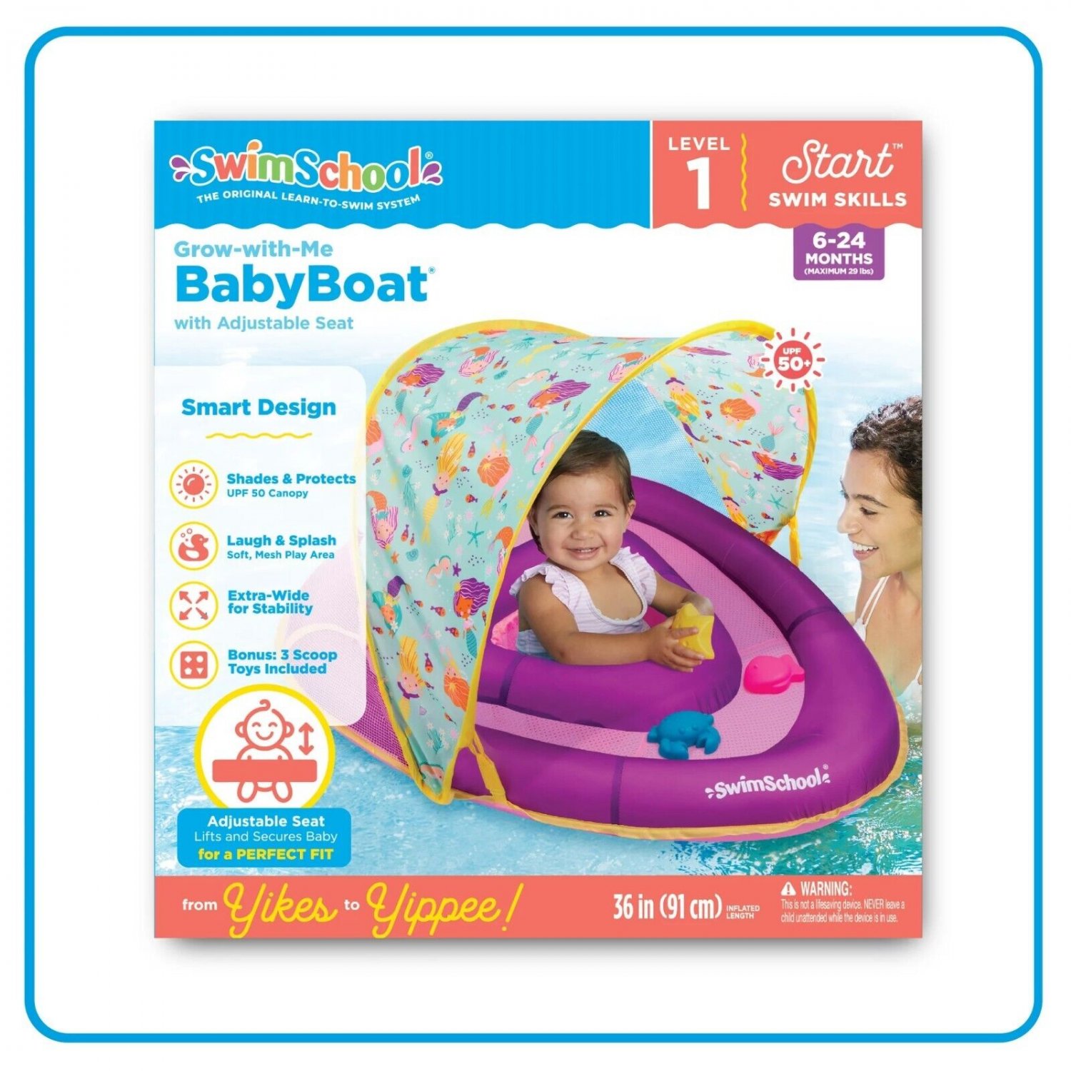 Swim School PINK MERMAID Pool Float Baby Child’s Boat, Bonus Toy 6-24 Mo.