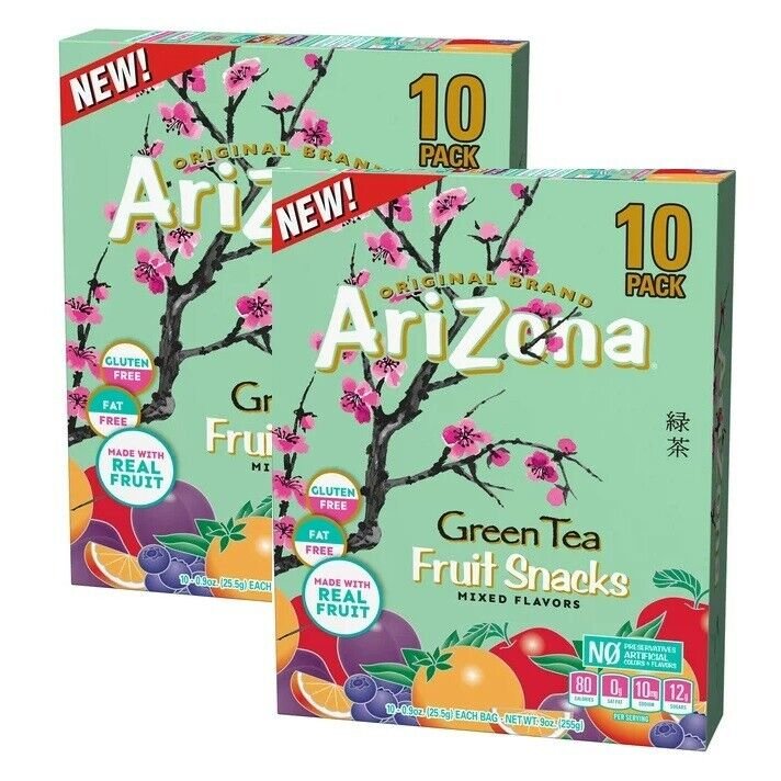 Original AriZona GREEN TEA Fruit Snacks Gummy Chews 9 OZ 2 Boxes AUG 2024