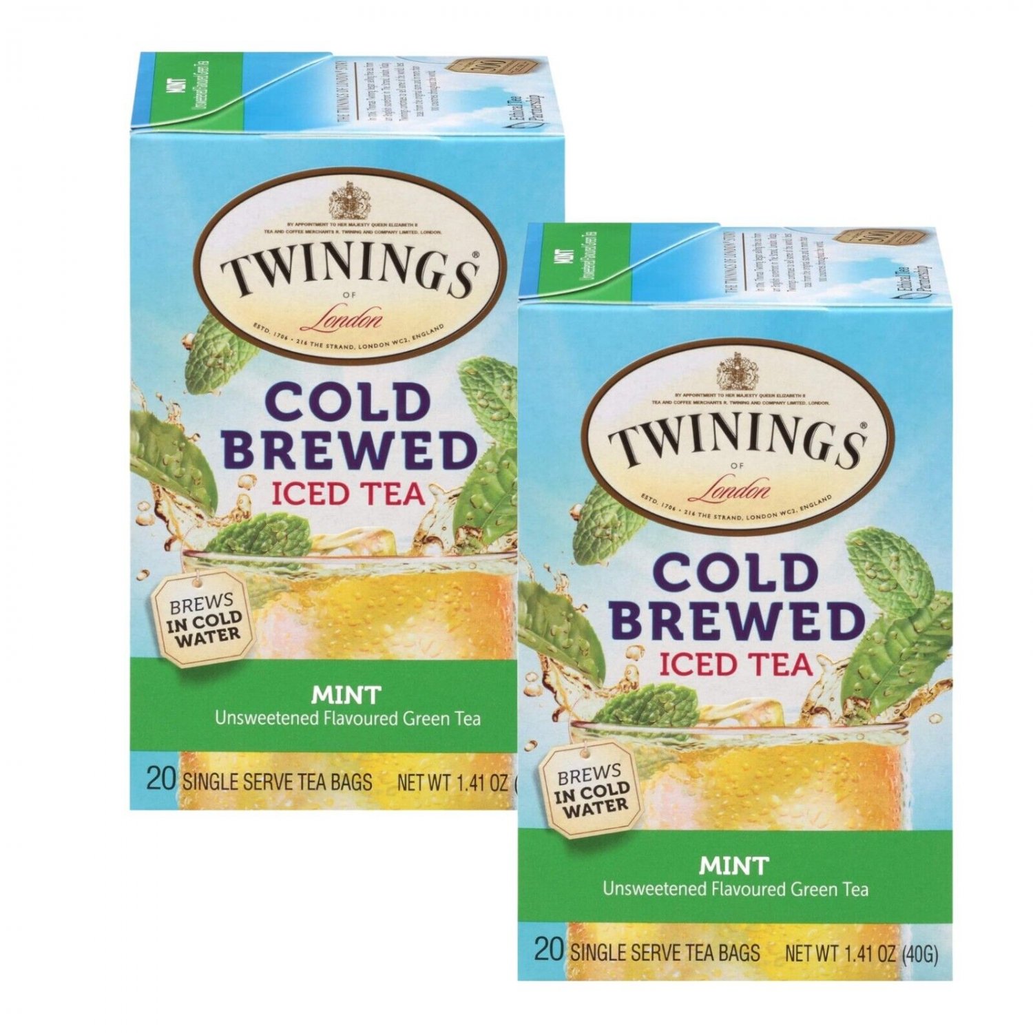 Twinings COLD BREWED Iced Tea MINT Unsweetened Green Tea 20 Bags (2 Pack)