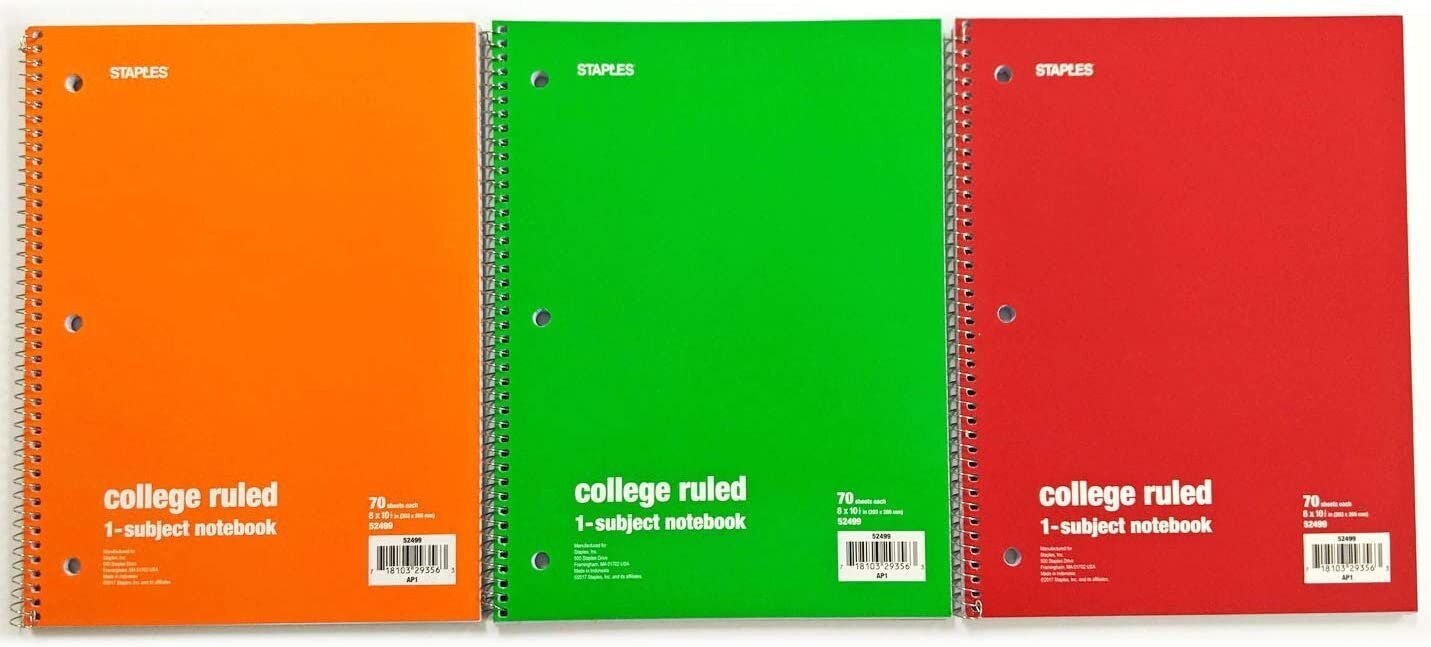 Staples College Ruled 1 Subject Spiral Notebook 70 Sheets 8x101/2 inch ...