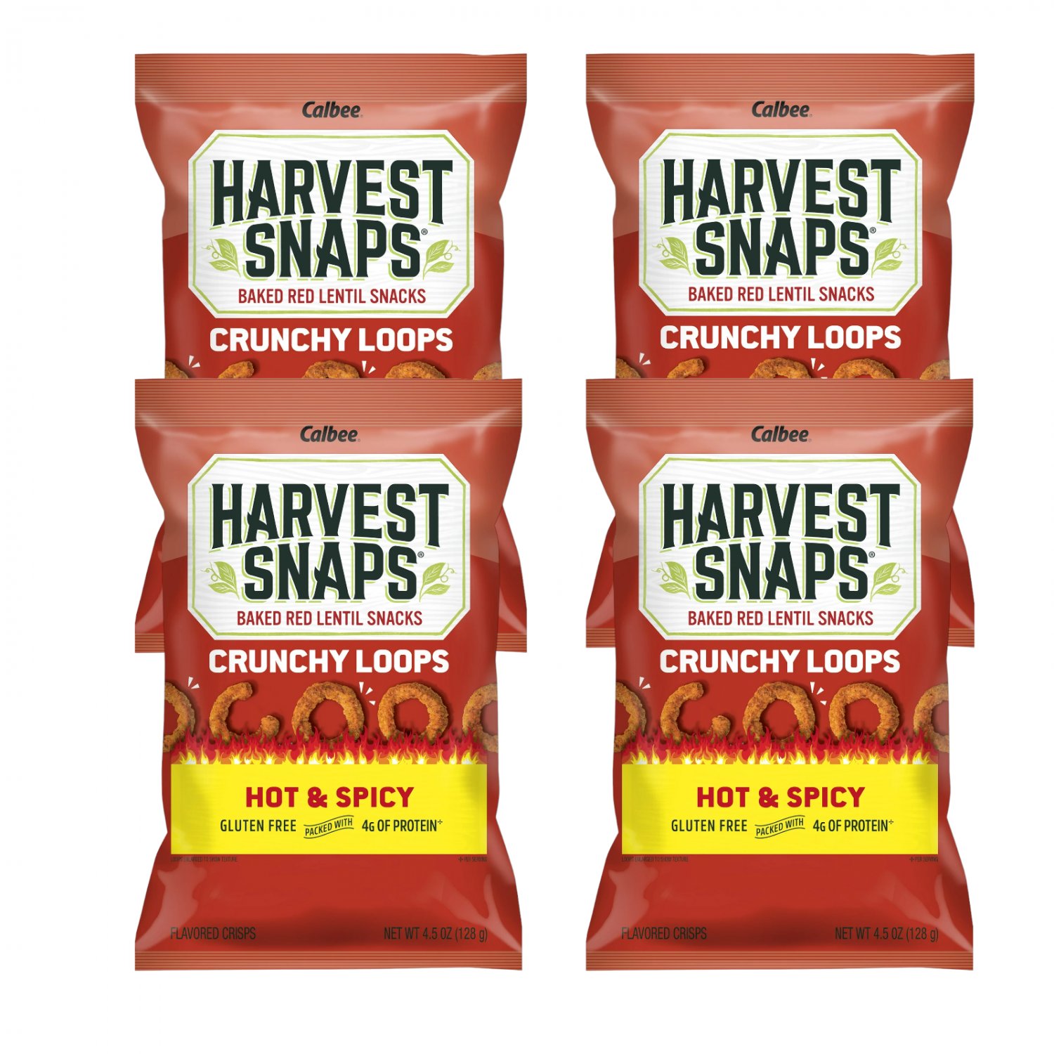 Harvest Snaps HOT & SPICY Crunchy Loops Baked Red Lentil 4 Pack Snack 4.5Oz