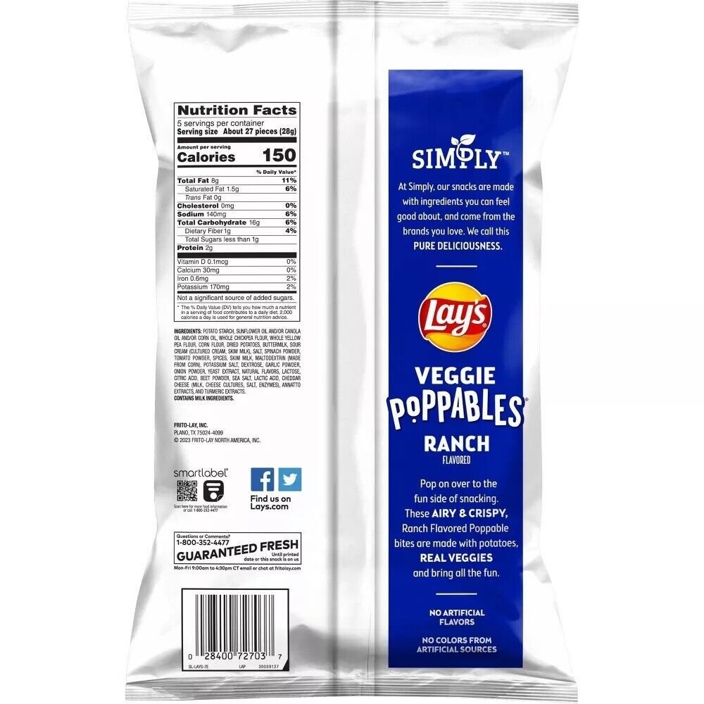 Simply Lays VEGGIE POPPABLES Ranch, Potato & Real Veggie 3 Snacks 5 Oz.