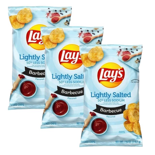 Lay's Potato Chips BARBECUE LIGHTLY SALTED Less Sodium 7.75oz (3 Bags)