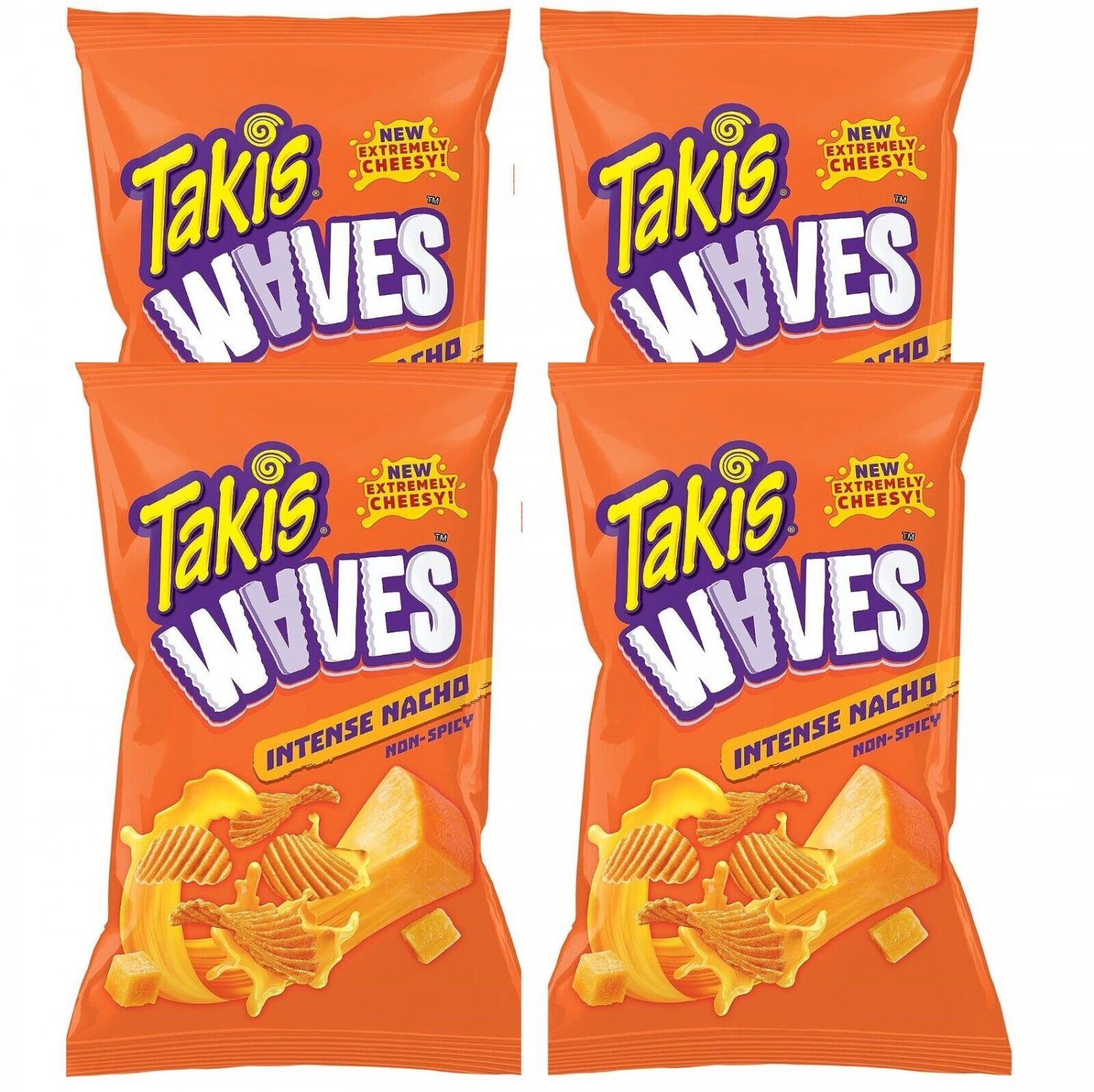 Takis WAVES INTENSE NACHO NON-SPICY Flavor POTATO Chips 8 Oz 4 Bags