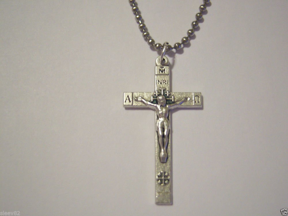 Jerusalem Crucifix Cross on a Stainless Steel Ball Chain Necklace