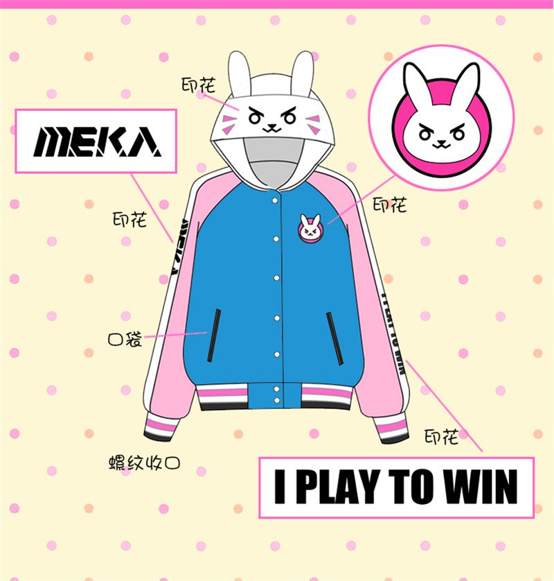 Kawaii Clothing D.Va Overwatch Jacket Hoodie Bunny Rabbit Ears WH389