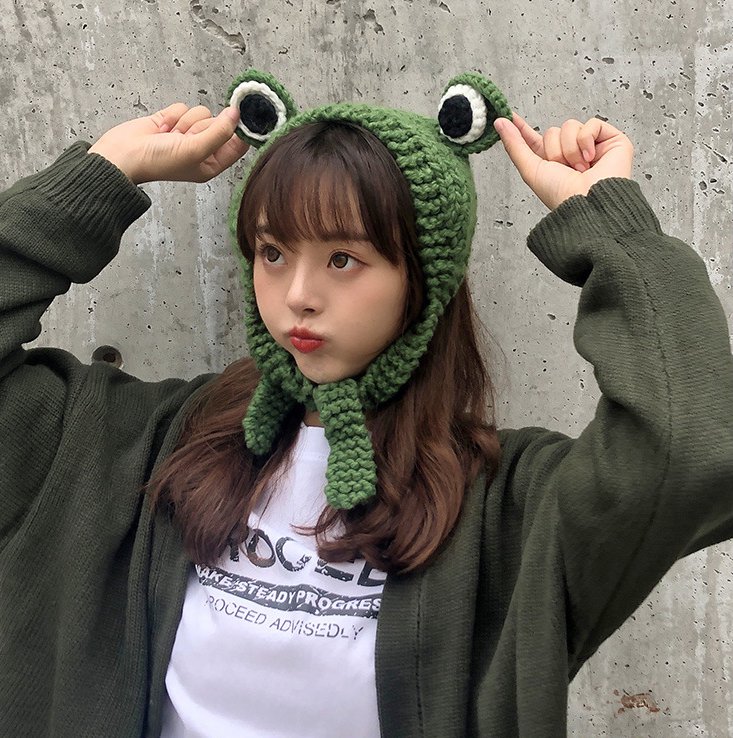 Kawaii Clothing Green Frog Hat Beanie Eyes Harajuku Knitted Cute Funny ...