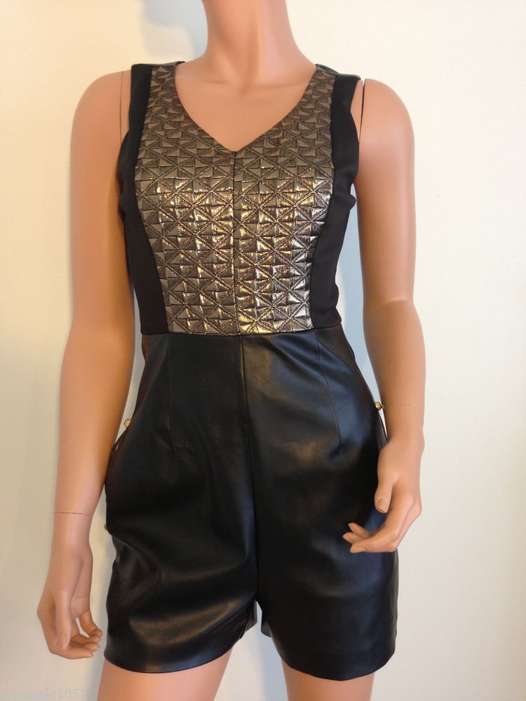 Black leather romper jumpsuit goth grunge jumper rocker gold bronze SMALL