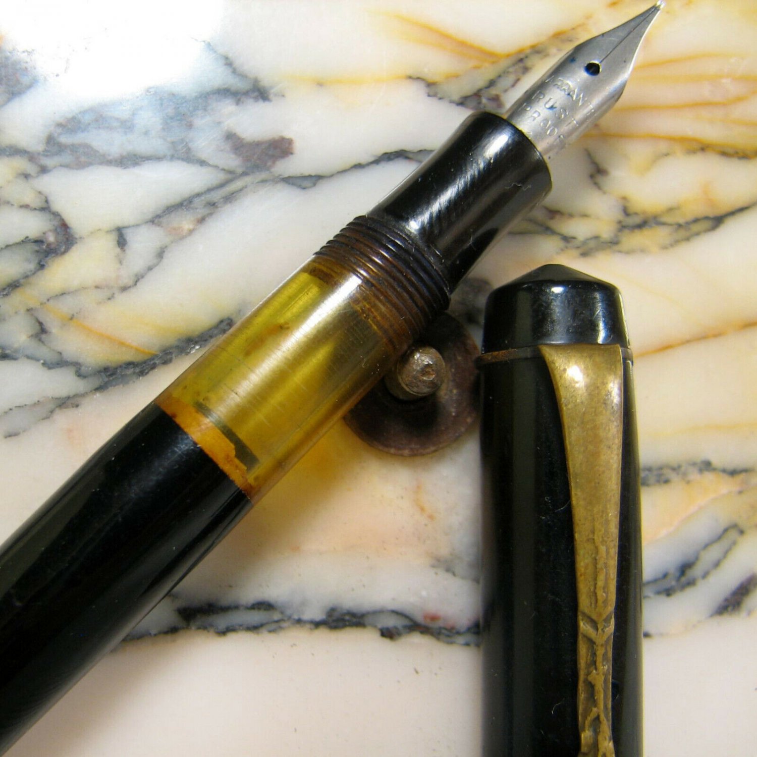 ANTIQUE FOUNTAIN PEN - Amber Ink Window - Bakelite & Brass - Warranted ...
