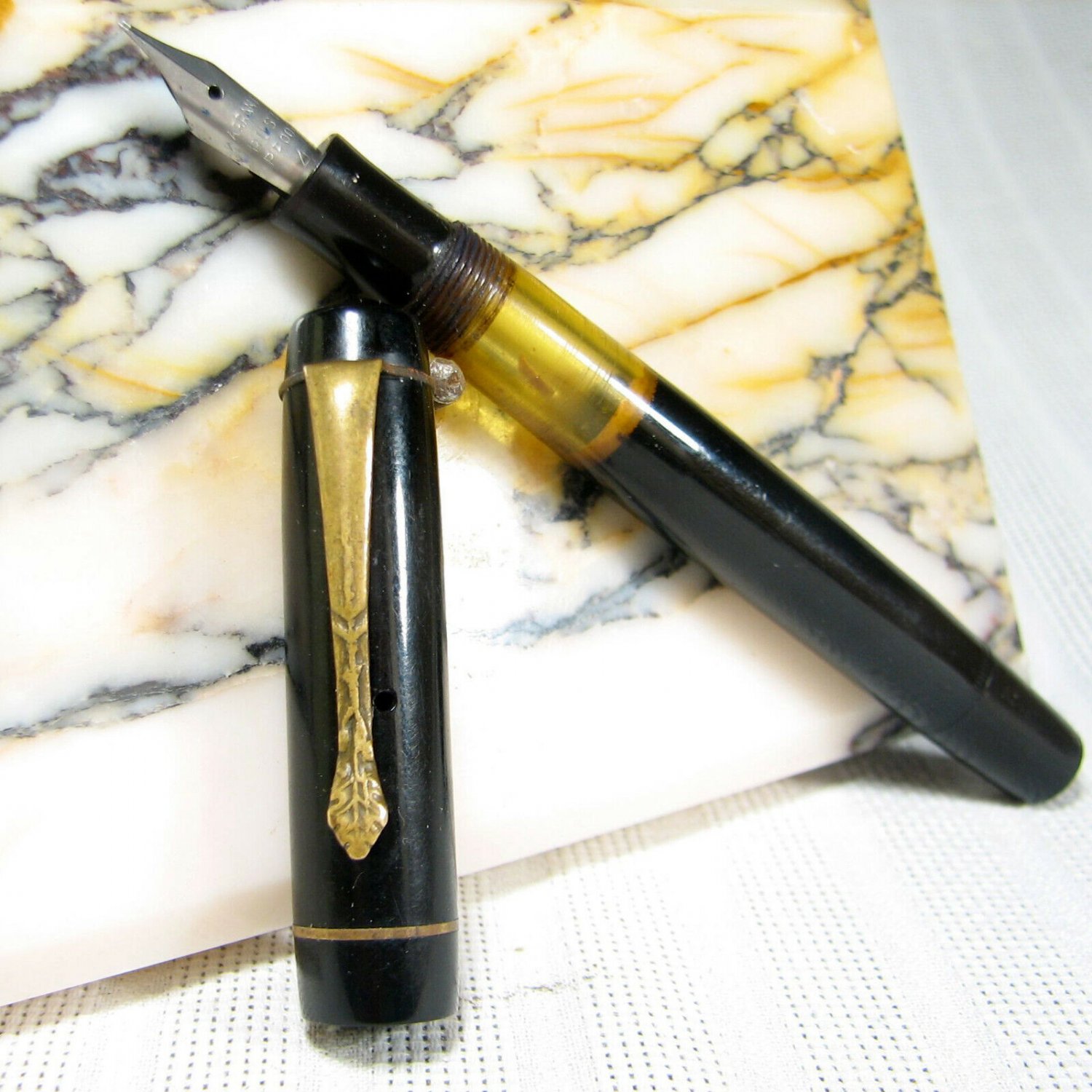 ANTIQUE FOUNTAIN PEN - Amber Ink Window - Bakelite & Brass - Warranted ...