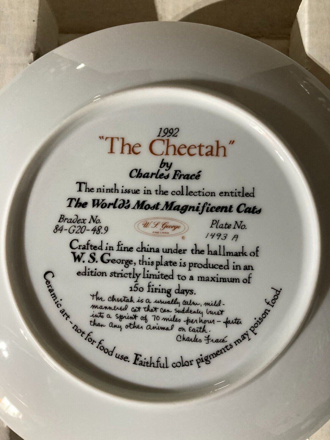 The World's Most Magnificent Cats/The Cheetah Plate, W.S. George~New